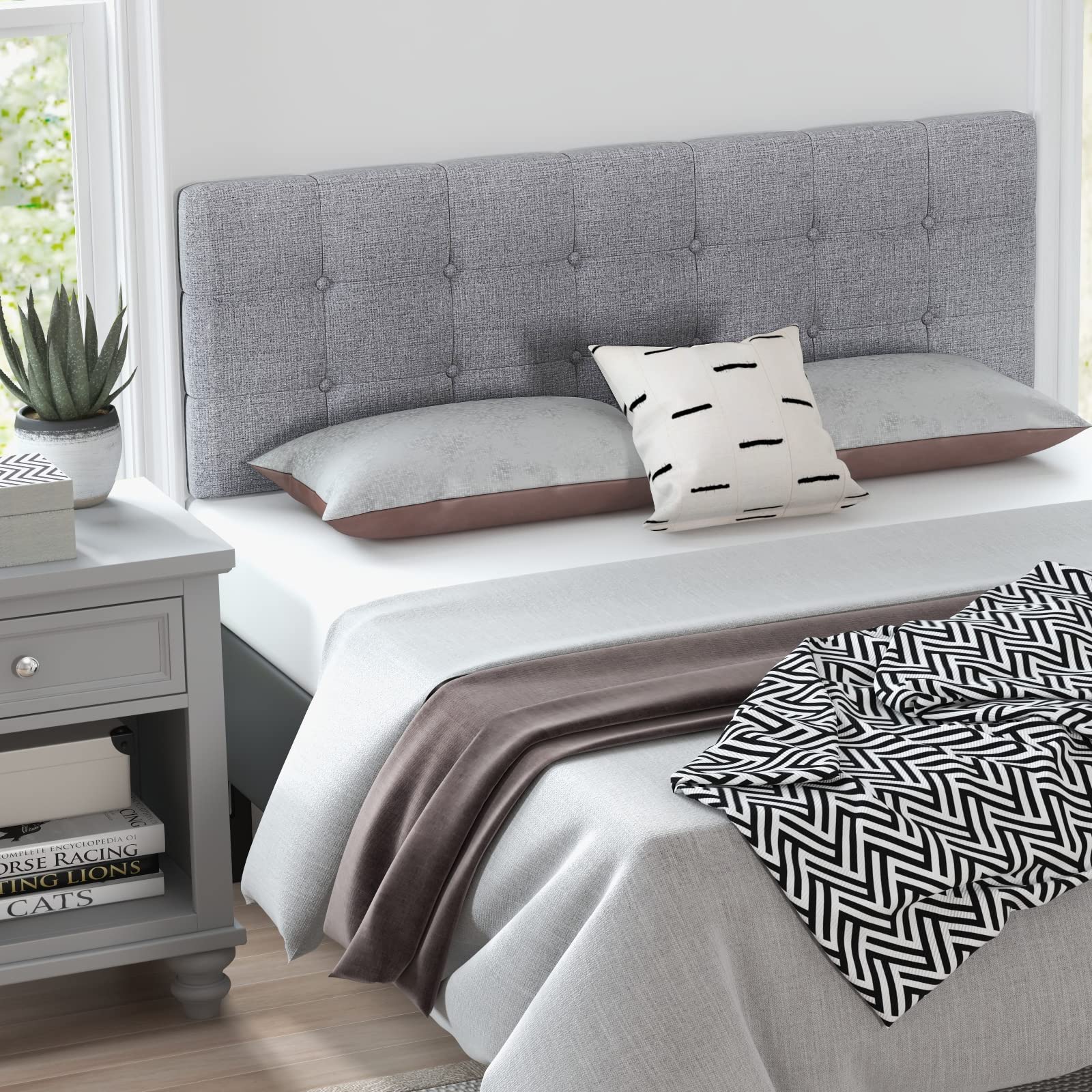 KOMFOTT Linen Upholstered Headboard for Full & Queen Size Bed Frame, Modern Tufted Button Bed Headboard with Solid Rubber Wood Legs, Rectangular Headboard with Adjustable Width, Gray