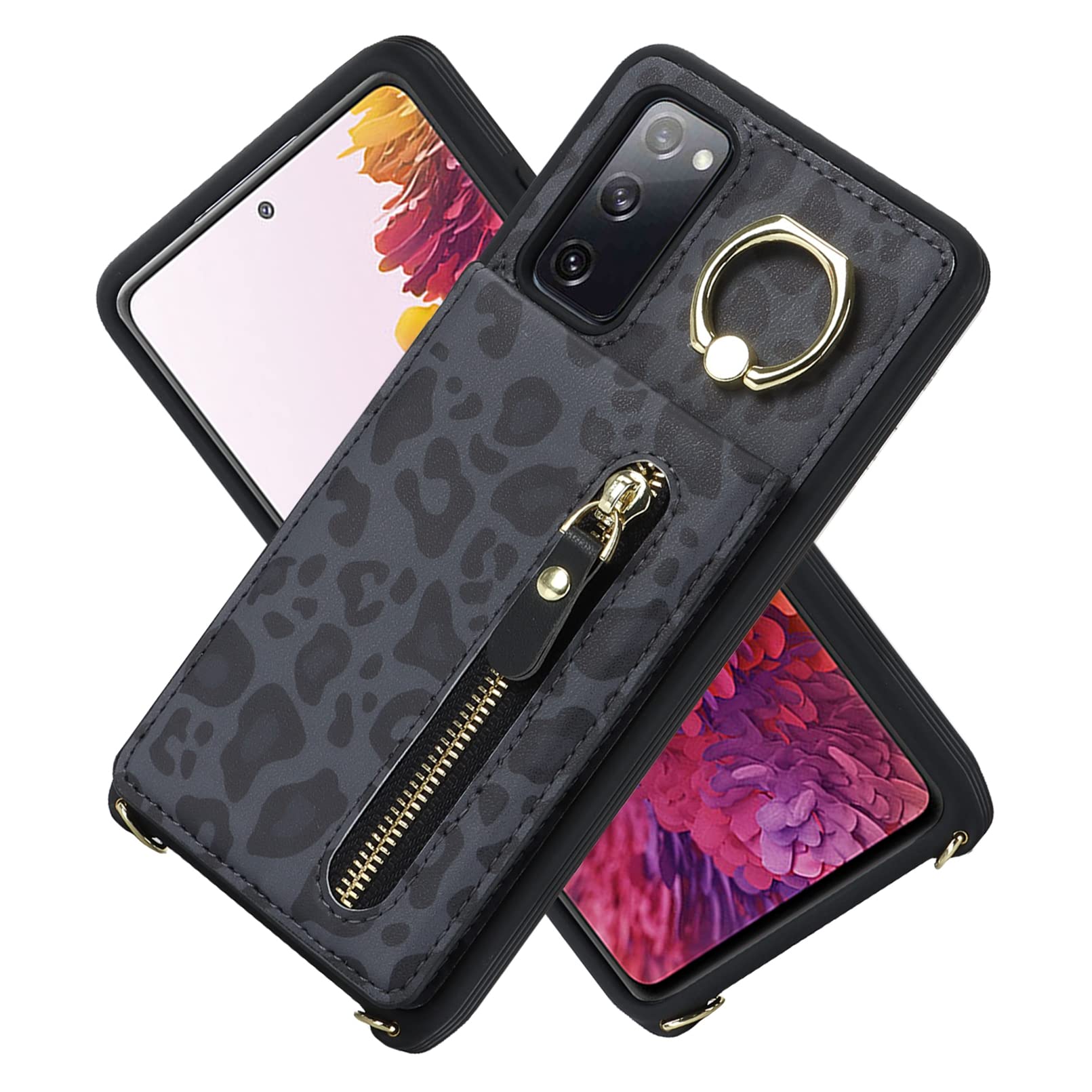 Jaorty for Samsung Galaxy S20 FE 5G Phone Case for Women with Card Holder,Galaxy S20 FE Case Wallet Crossbody Lanyard with Strap,Credit Card Slots Kickstand Case with Ring Holder,6.5",Black Leopard