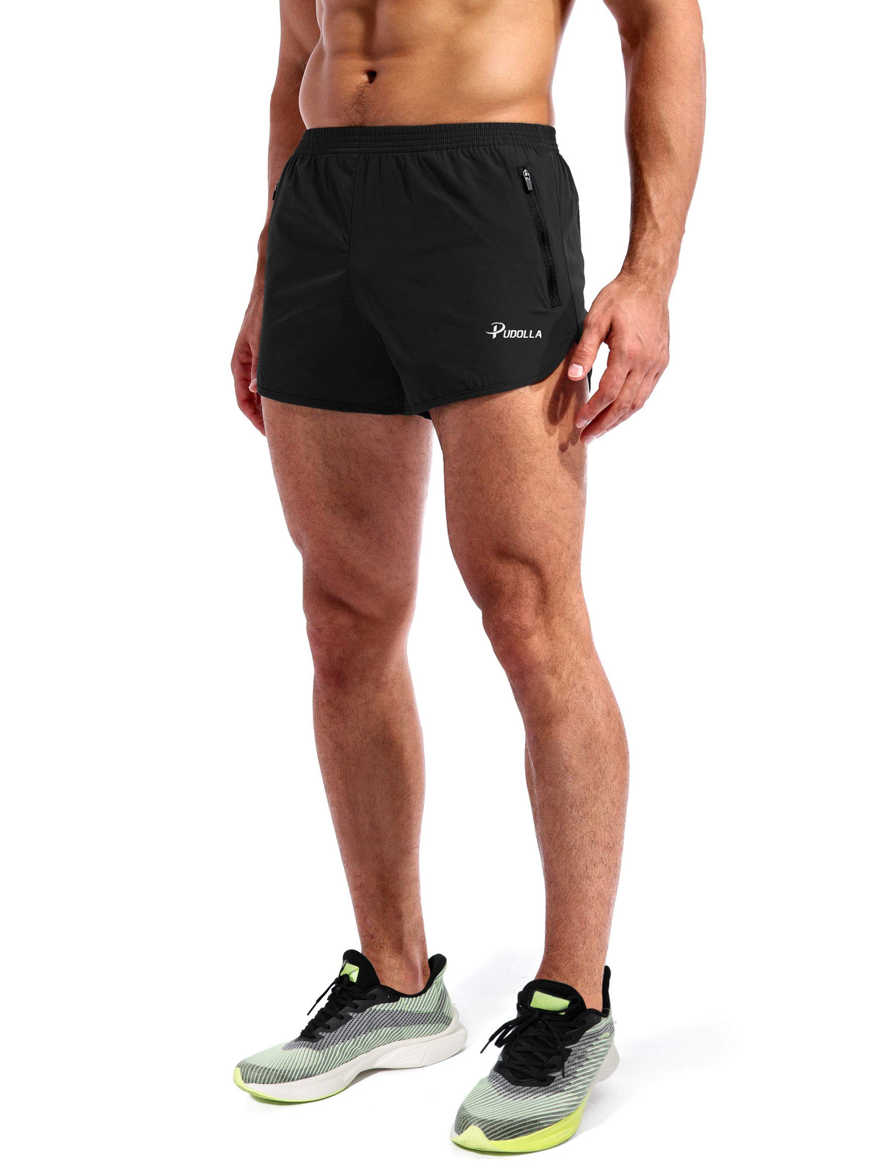 Pudolla Men's Running Shorts 3 Inch Quick Dry Gym Athletic Workout Shorts for Men with Zipper Pockets(Black X-Small)