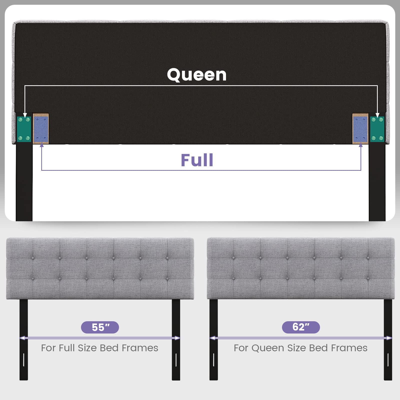 KOMFOTT Linen Upholstered Headboard for Full & Queen Size Bed Frame, Modern Tufted Button Bed Headboard with Solid Rubber Wood Legs, Rectangular Headboard with Adjustable Width, Gray