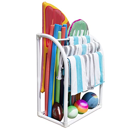 Essentially Yours 5 Bar Curved Towel Rack - Free Standing Poolside Storage Organizer - Also Stores Floats, Paddles and Noodles, 37.5" W x 23" L x 49.5 H, (White) Style 681577