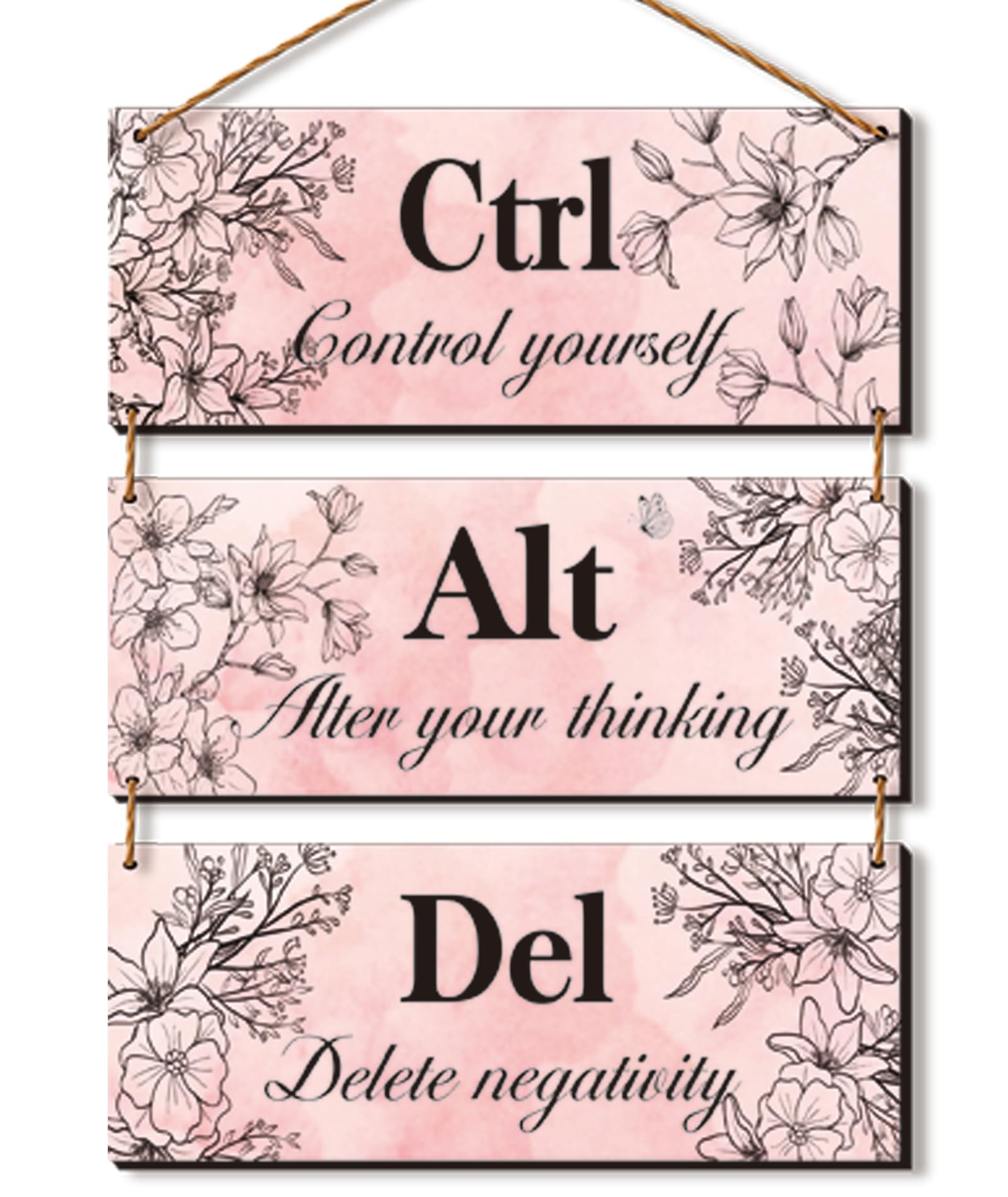 3 Pieces Pink Wall Decor for Girl Room Wall Decor Floral Wooden Wall Hanging Wall Art Inspirational Office Wall Decor with Positive Quotes Ctrl Alt Del Wall Sign for Girl Women Bedroom Bathroom(Pink)