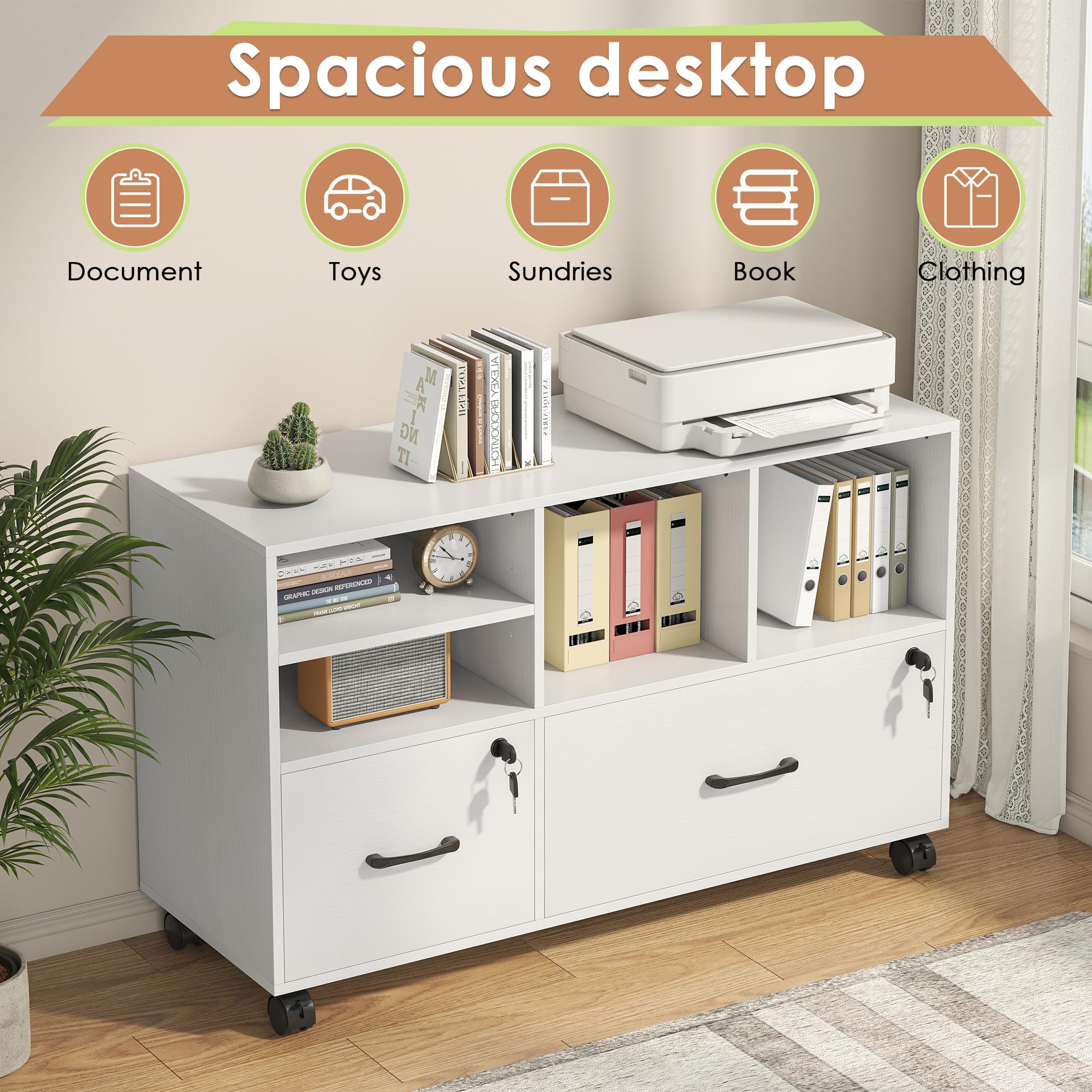 Semoic 2 Drawer Wood Lateral File Cabinet with Lock, Lockable Rolling Filing Cabinet with Open Storage Shelves, Printer Stand Office Storage Cabinet for Home Office Fits Files Legal/A4 Size, White
