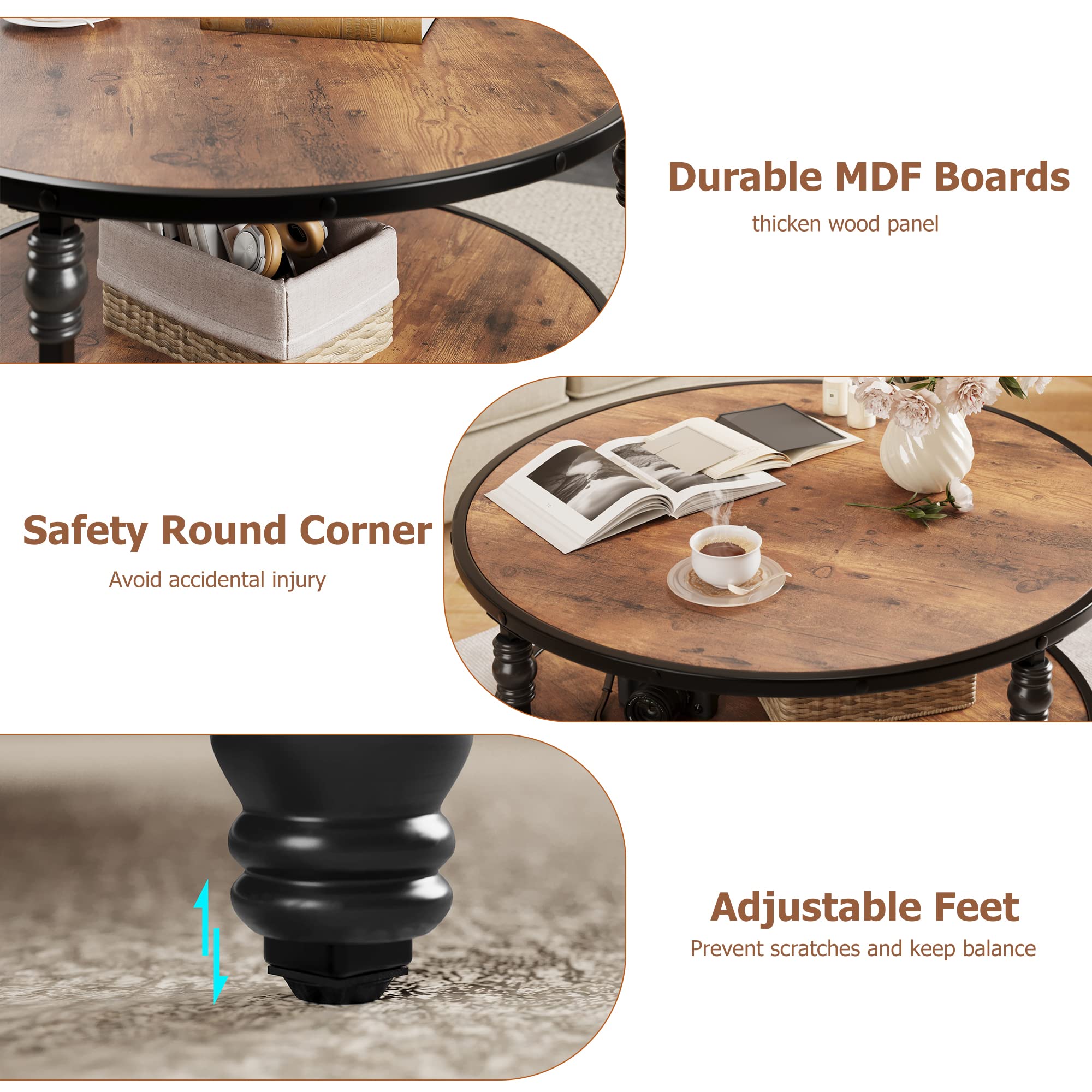 IDEALHOUSE Round Coffee Table for Living Room Rustic Center Table with Storage Shelf Wood Circle Coffee Table with Sturdy Metal Legs, Easy Assembly