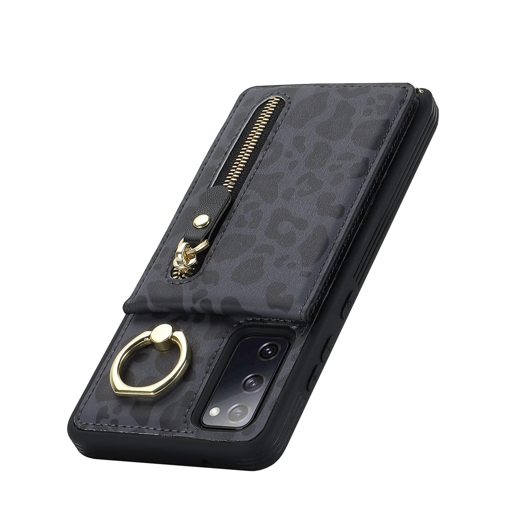 Jaorty for Samsung Galaxy S20 FE 5G Phone Case for Women with Card Holder,Galaxy S20 FE Case Wallet Crossbody Lanyard with Strap,Credit Card Slots Kickstand Case with Ring Holder,6.5",Black Leopard