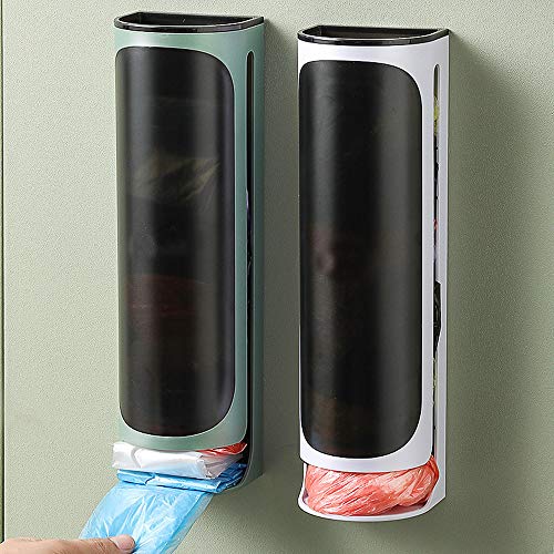 Nail-Free Wall Mount Plastic Bag Holder, 2 Opening Grocery and Shopping Bag Dispenser Hooks, Garbage Bag Organizer With Lid, Office Supplies Home Kitchen Bag Saver for Grocery Bags (Green)