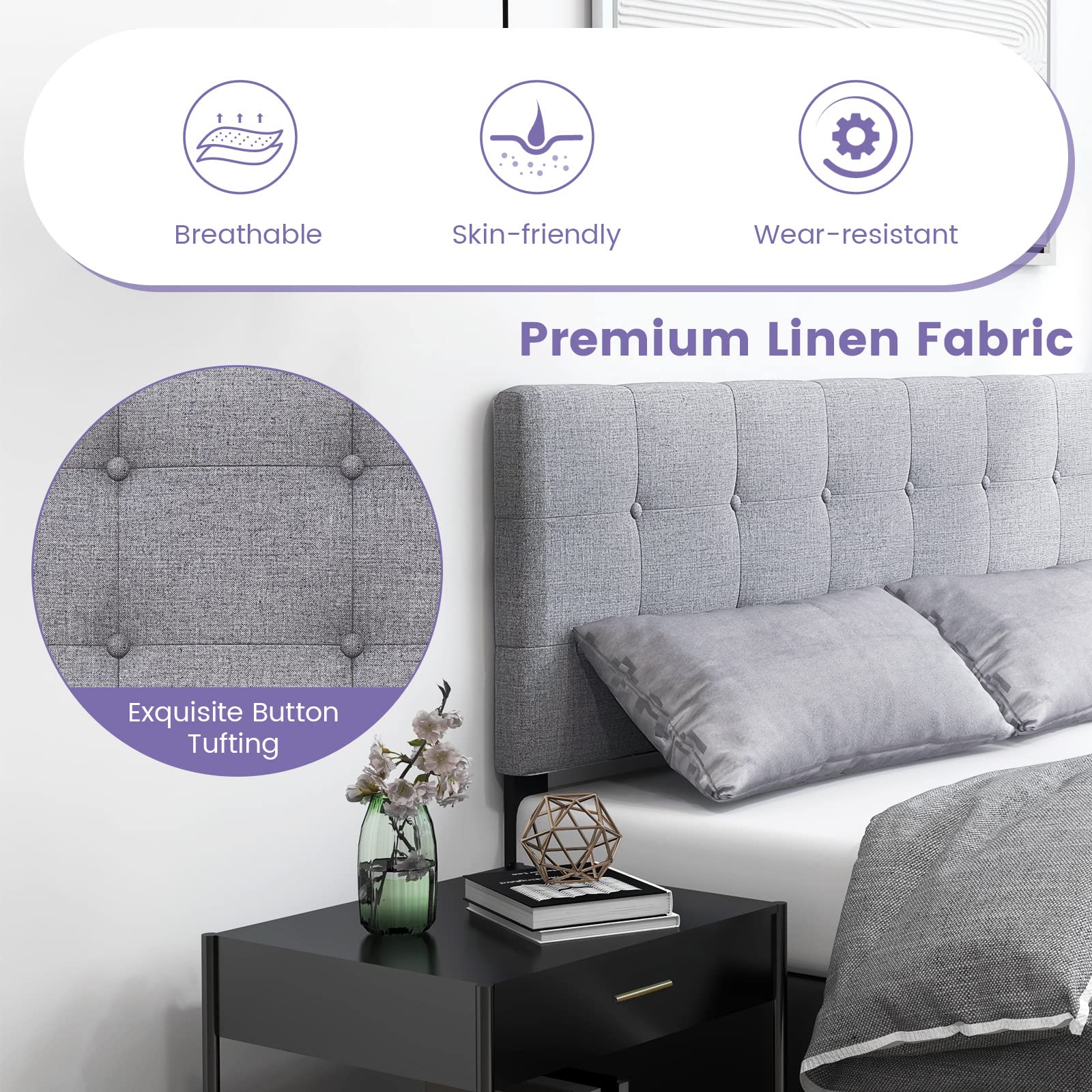 KOMFOTT Linen Upholstered Headboard for Full & Queen Size Bed Frame, Modern Tufted Button Bed Headboard with Solid Rubber Wood Legs, Rectangular Headboard with Adjustable Width, Gray