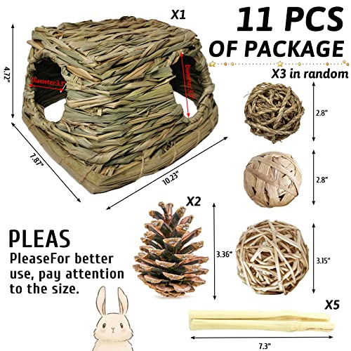 PINVNBY Guinea Pig Grass House with Chew Toys Little Rabbit Natural Hideout Small Pet Grass Hut with Play Toys for Bunny Hamster Rat Chinchilla Hedgehog Squirrel Gerbil(Ball at Random)