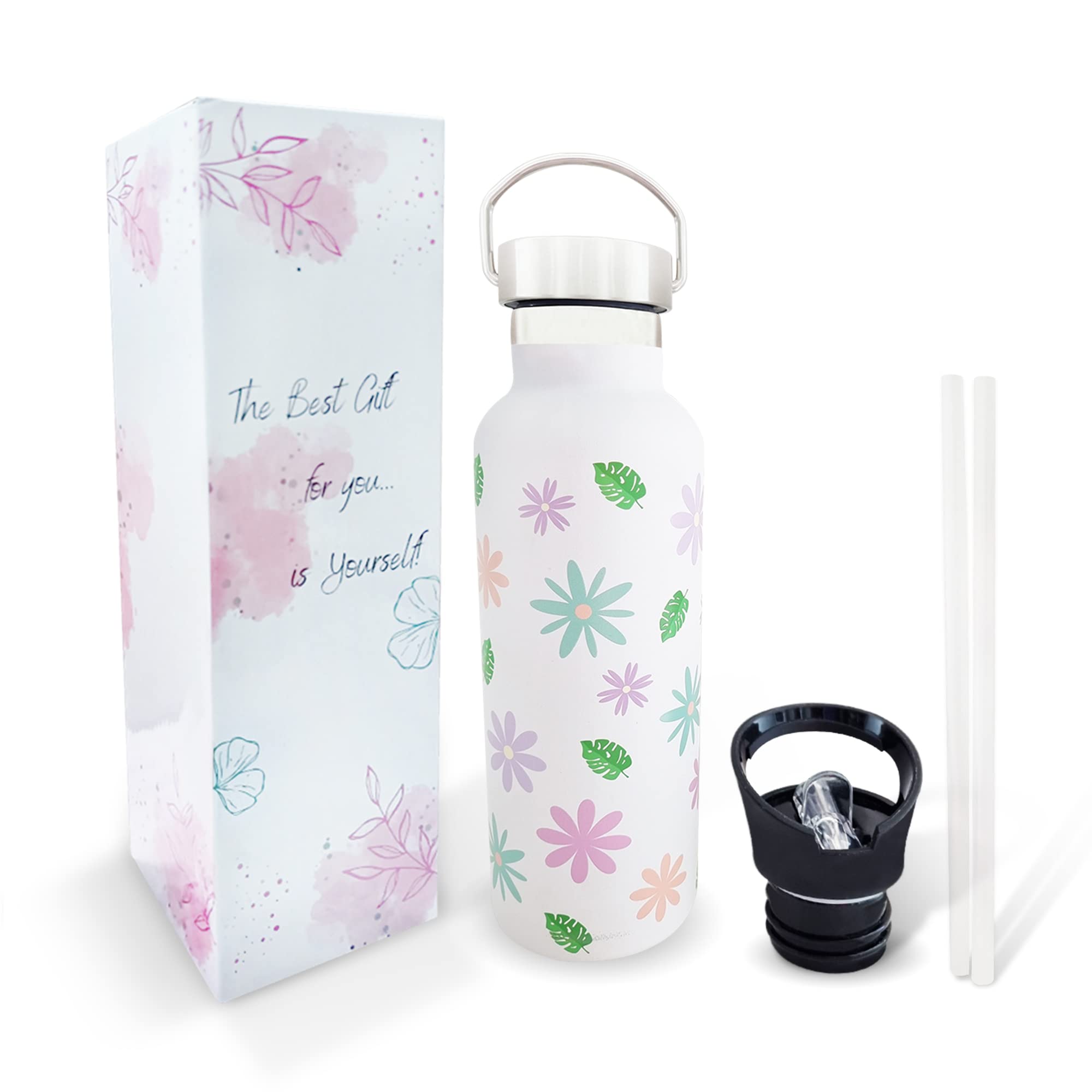 Stainless Steel Water Bottles – Insulated Bottles - Water Bottle with Straw - 2 Lids -1 Gift Box - 20 Oz - air up Water Bottle - Hot/Cold - Gift for her - Preppy Stuff (Flowers)