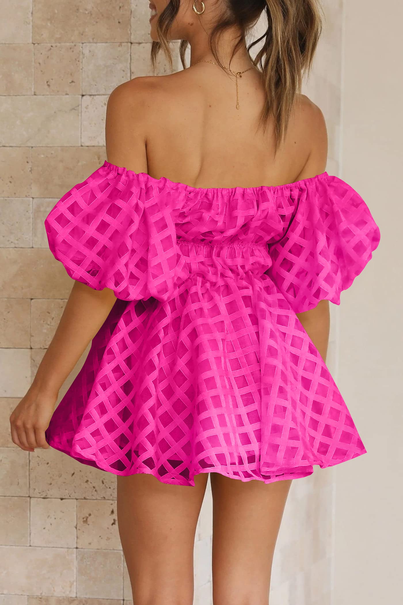 PRETTYGARDEN Women's Off The Shoulder Babydoll Dress Short Puff Sleeve Casual A Line Ruffle Summer Dresses (Plaid Rose Red,Medium)