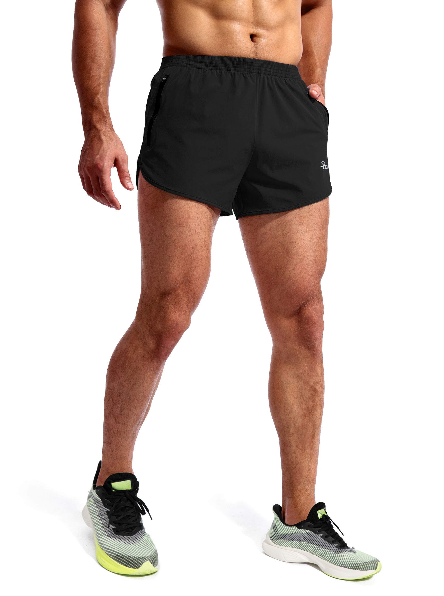 Pudolla Men's Running Shorts 3 Inch Quick Dry Gym Athletic Workout Shorts for Men with Zipper Pockets(Black X-Small)