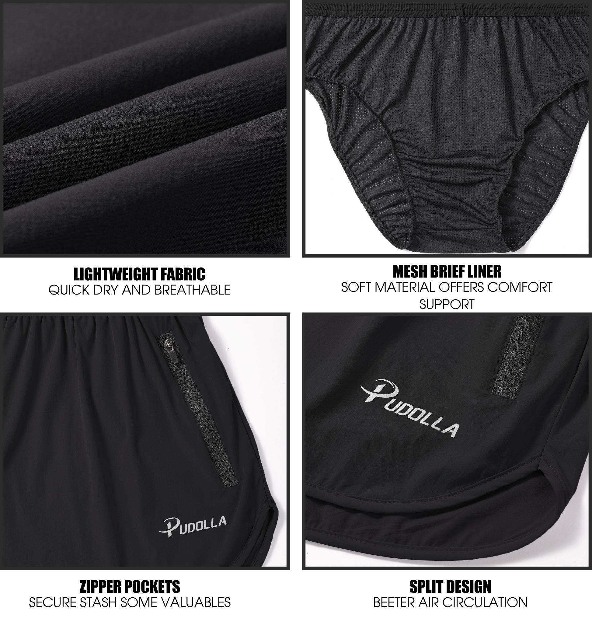 Pudolla Men's Running Shorts 3 Inch Quick Dry Gym Athletic Workout Shorts for Men with Zipper Pockets(Black X-Small)