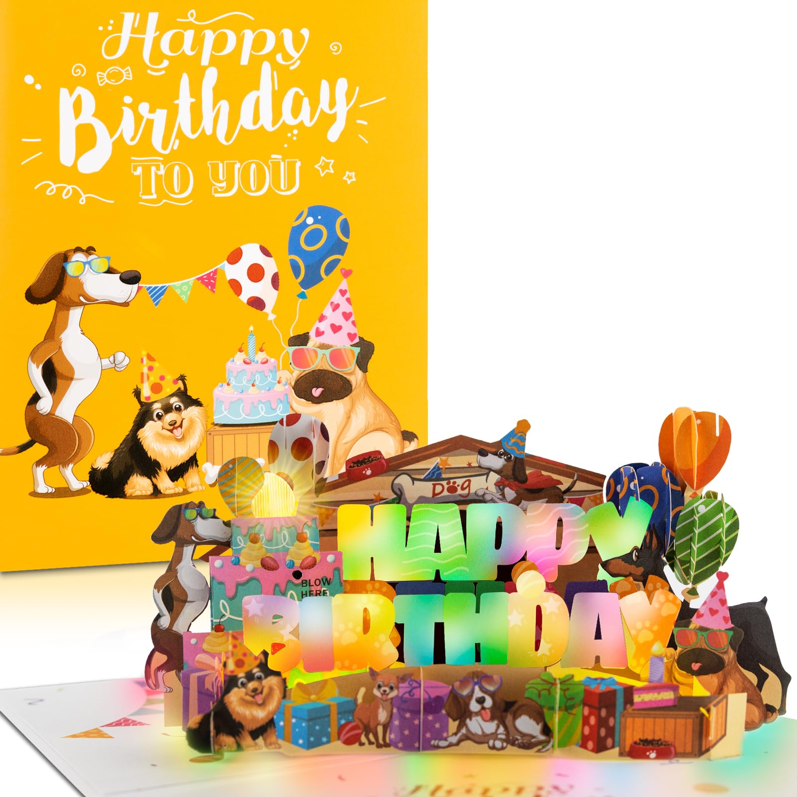 3D Musical Birthday Cards with Lights & Blowable Candle, Pet Dog Theme Funny Birthday Greeting Card, Dog Mom or Dad Bday Popup Cards for Husband Wife Friend and Every Dog Lover Play Song 'Happy Bday'