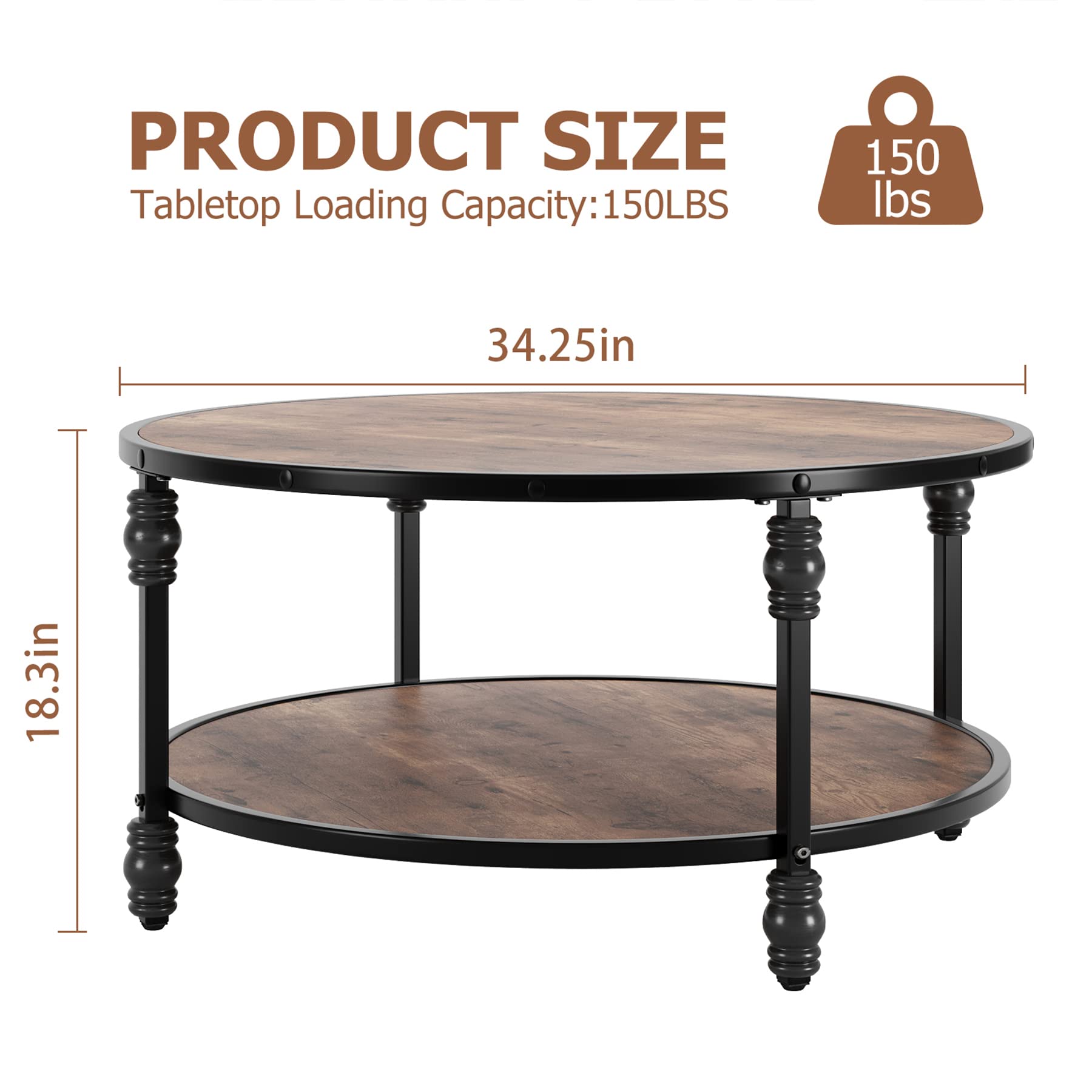 IDEALHOUSE Round Coffee Table for Living Room Rustic Center Table with Storage Shelf Wood Circle Coffee Table with Sturdy Metal Legs, Easy Assembly