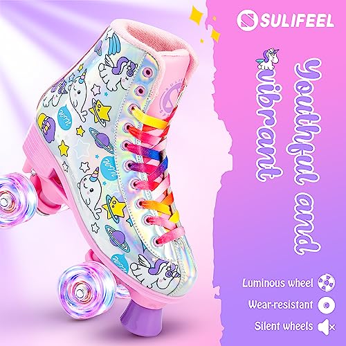 SULIFEEL Rainbow Unicorn Roller Skates for Girls Light up Wheels Womens Quad Skates with High Top Reflective TPU Leather Unicorn