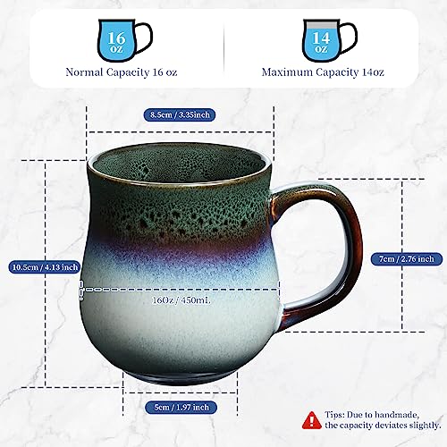 RELEDESA 16 Oz Large Ceramic Coffee Mug with Big Handle, Handmade Glazed Tea Cup for Office and Home, Microwave and Dishwasher Safe, Small Coffee Cups for Hot and Cold Drinking (Ink Green)