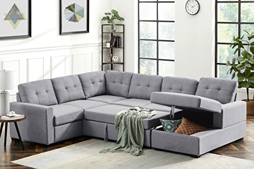 FANYE U-Shaped Sleeper Sectional Sofa with Left Storage Chaise Lounge and Pull Out Sleep Couch Bed, Modern Corner Sofa & Couch Convertible Oversized Sleeper & Sofabed for Home Apartment Living Room