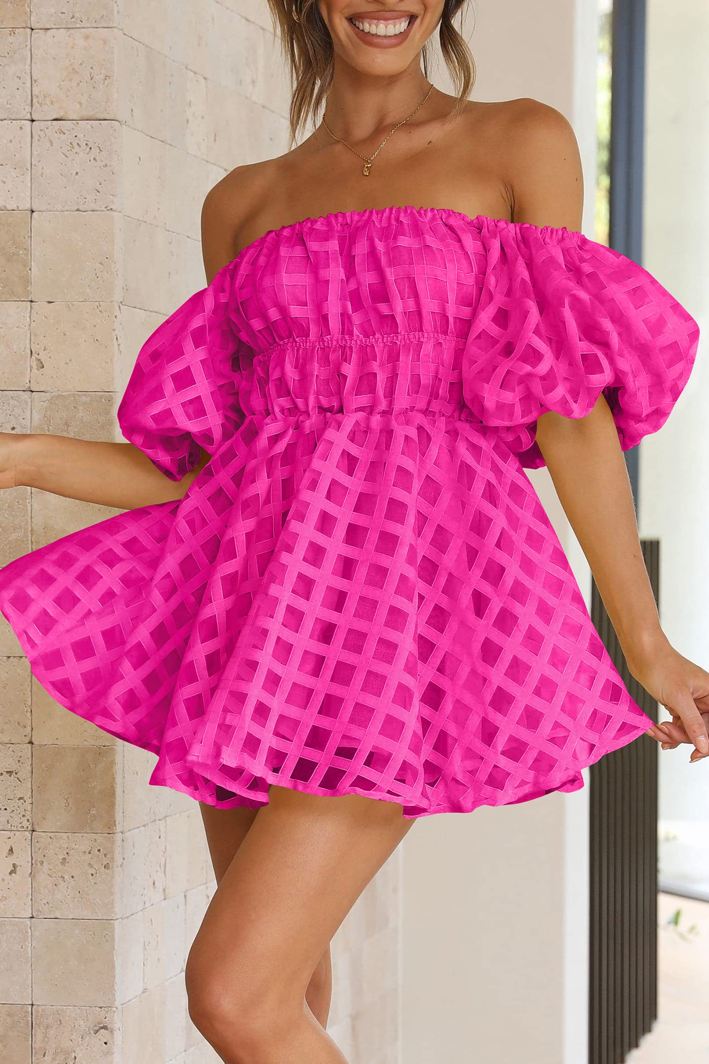 PRETTYGARDEN Women's Off The Shoulder Babydoll Dress Short Puff Sleeve Casual A Line Ruffle Summer Dresses (Plaid Rose Red,Medium)
