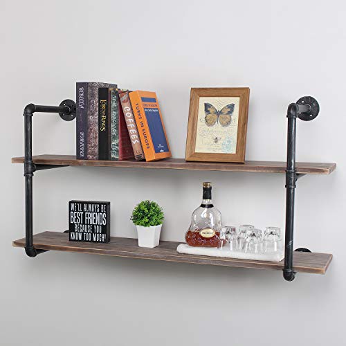 Womio Industrial Pipe Shelving Wall Mounted,Rustic Metal Floating Shelves,Steampunk Real Wood Book Shelves,Wall Shelf Unit Bookshelf Hanging Wall Shelves,Farmhouse Kitchen Bar Shelving(2 Tier,48in)
