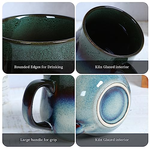 RELEDESA 16 Oz Large Ceramic Coffee Mug with Big Handle, Handmade Glazed Tea Cup for Office and Home, Microwave and Dishwasher Safe, Small Coffee Cups for Hot and Cold Drinking (Ink Green)