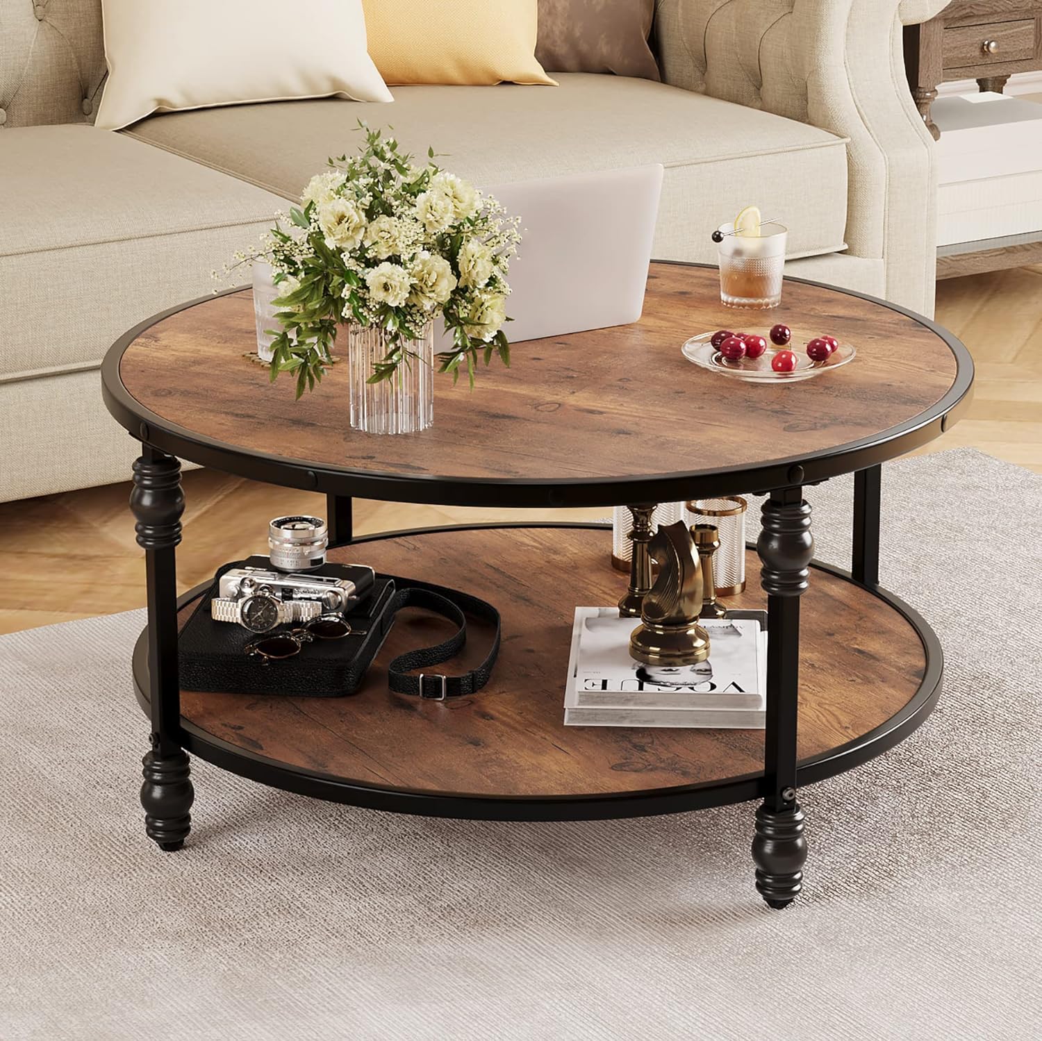 IDEALHOUSE Round Coffee Table for Living Room Rustic Center Table with Storage Shelf Wood Circle Coffee Table with Sturdy Metal Legs, Easy Assembly