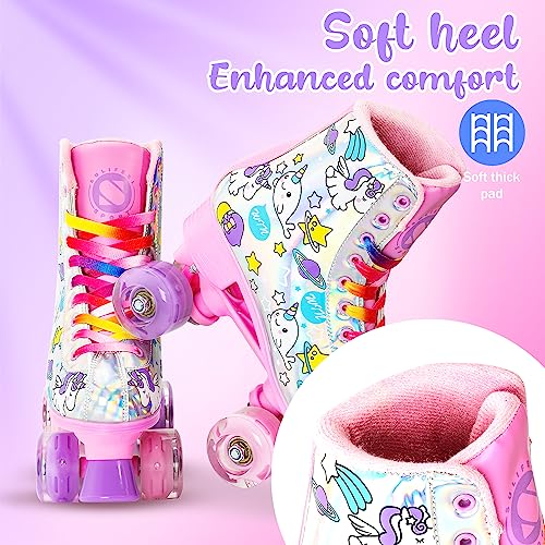 SULIFEEL Rainbow Unicorn Roller Skates for Girls Light up Wheels Womens Quad Skates with High Top Reflective TPU Leather Unicorn