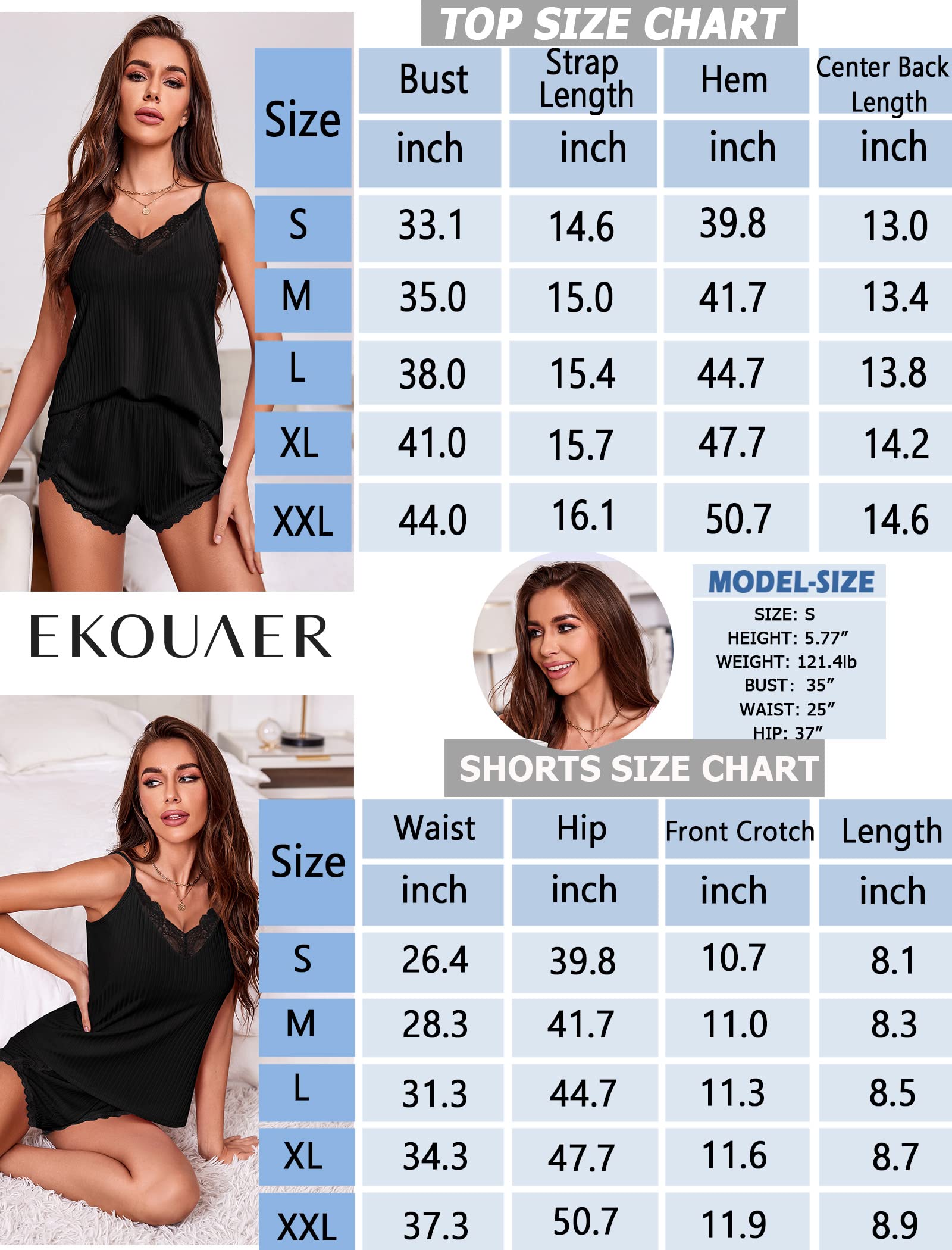 Ekouaer Womens Pajama Sets Soft Lingerie Sleepwear 2 Piece Cami Shorts Set V Neck Pj Lace Nightwear White X-Large