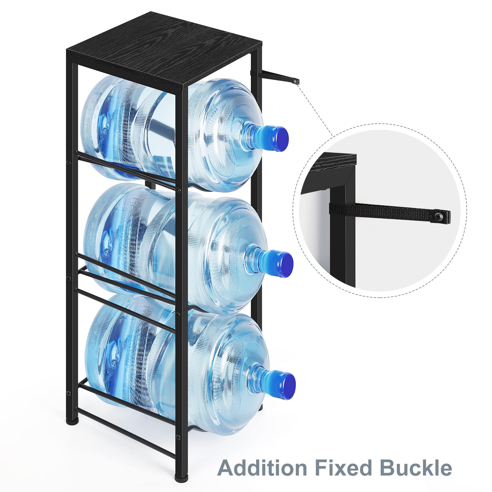 Water Bottle Holder Organizer 5 Gallon Water Jug Holder with Shelves, 3-Tier Water Bottle Dispenser Stand for Kitchen Living Room Office, Black