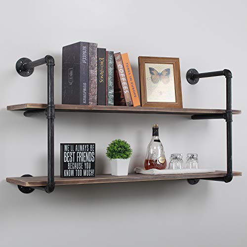 Womio Industrial Pipe Shelving Wall Mounted,Rustic Metal Floating Shelves,Steampunk Real Wood Book Shelves,Wall Shelf Unit Bookshelf Hanging Wall Shelves,Farmhouse Kitchen Bar Shelving(2 Tier,48in)