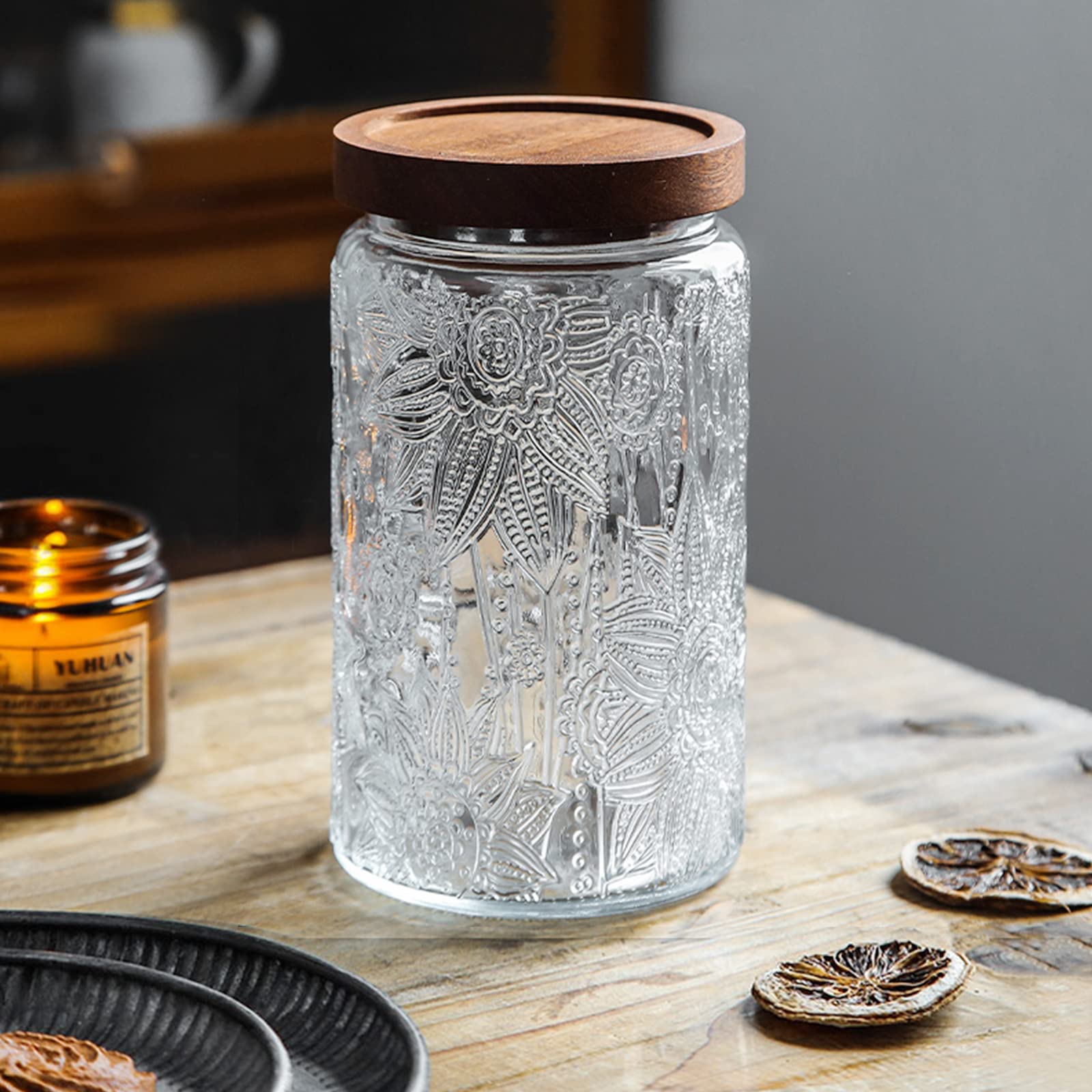LODIKE 35oz/1000ml Glass Storage Jars with Nature Wood Lids, Airtight Food Storage Containers for Kitchen Organization, Large Capacity for Cookie, Pasta, Sugar, Flour, Cereal - Set of 2 (sunflower)