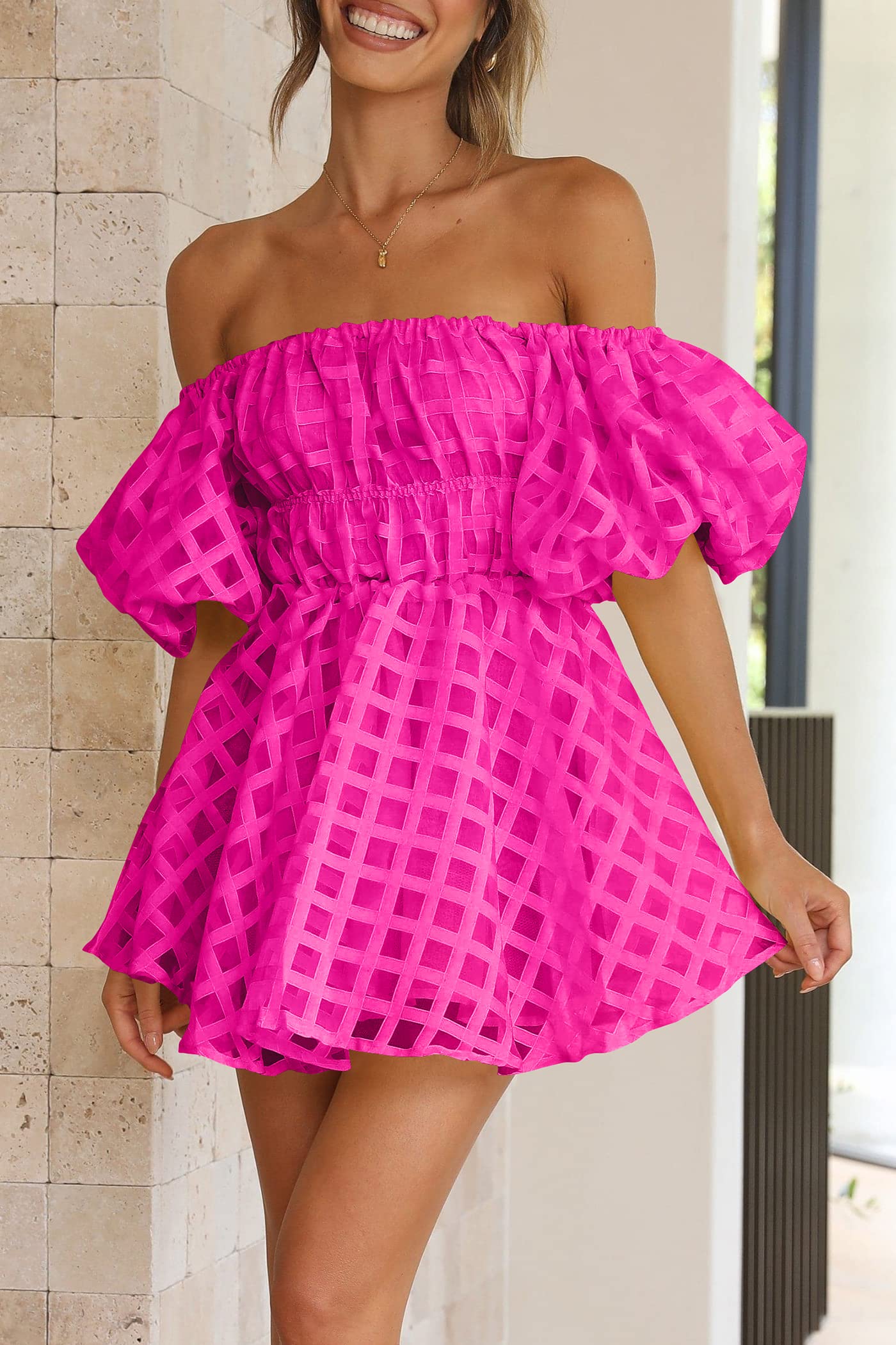 PRETTYGARDEN Women's Off The Shoulder Babydoll Dress Short Puff Sleeve Casual A Line Ruffle Summer Dresses (Plaid Rose Red,Medium)