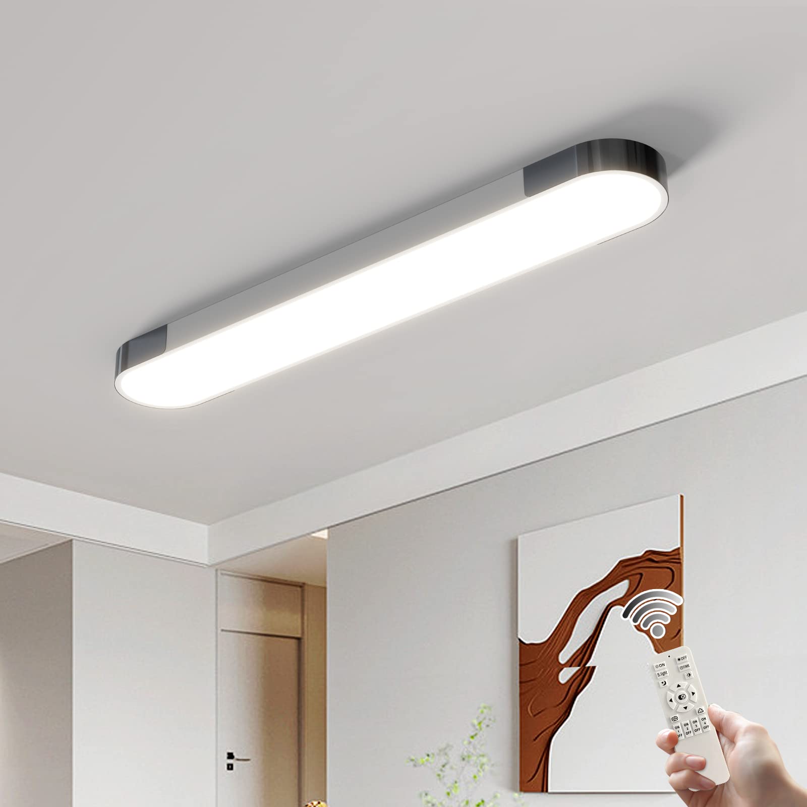 Qcyuui Dimmable LED Ceiling Light Modern Acrylic Linear LED Ceiling Lamp 39.4in Semi Flush Mount Wraparound Shape Lighting Fixture with Remote Control for Kitchen Dining Room (48W/3000-6500K)