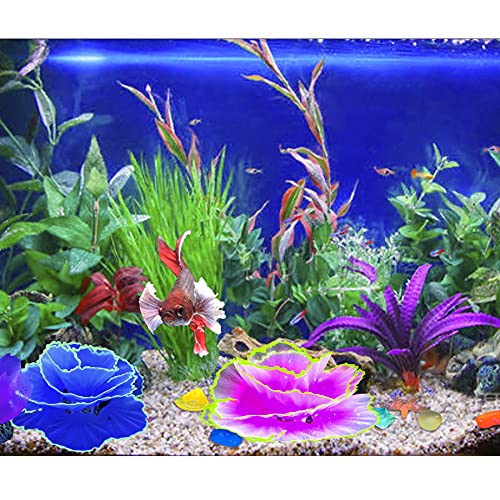 Livfodrm Glowing Fish Tank Decorations Glow Aquarium Decor Coral Ornaments, 2pcs Silicone Flower Plants and 10pcs Colourful Sea Shells/Luminous Stone Glow in The Dark for Aquarium Decoration