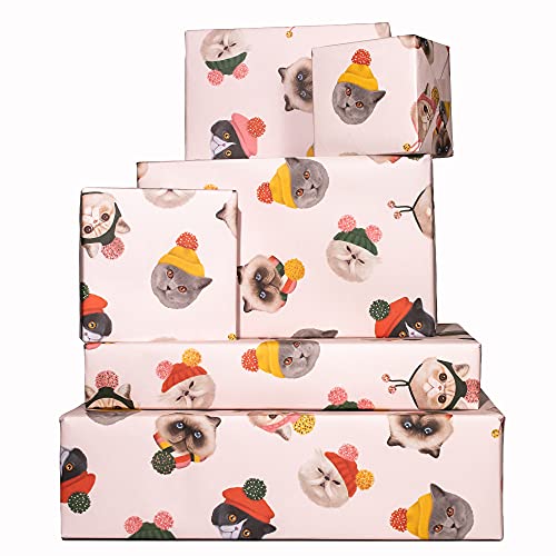 CENTRAL 23 Pink Wrapping Paper Christmas - 6 Sheets of GiftWrap - Cats in Hats - For Girls Women - Trendy Wrap for Kids - Holiday Festive Gifts - Recyclable