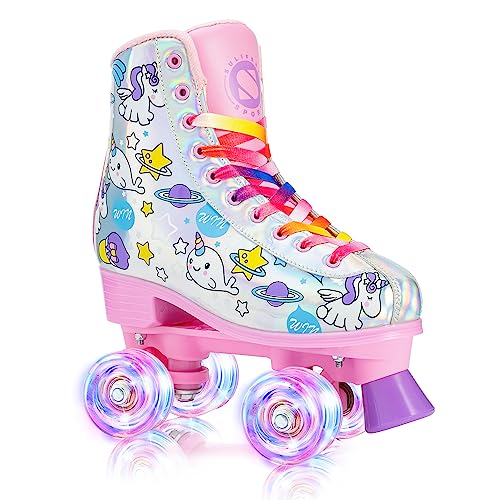 SULIFEEL Rainbow Unicorn Roller Skates for Girls Light up Wheels Womens Quad Skates with High Top Reflective TPU Leather Unicorn