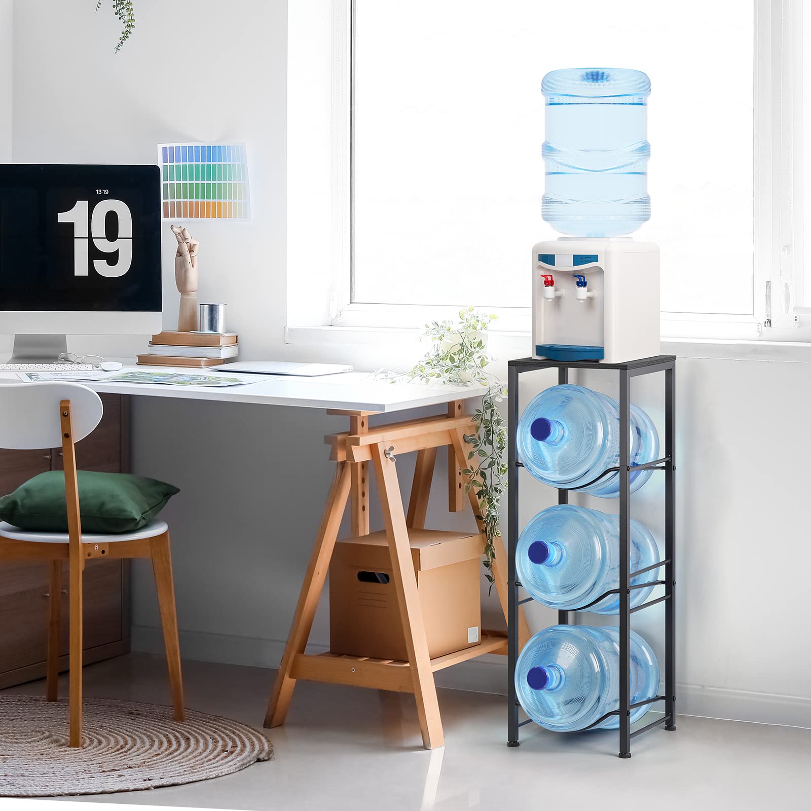 Water Bottle Holder Organizer 5 Gallon Water Jug Holder with Shelves, 3-Tier Water Bottle Dispenser Stand for Kitchen Living Room Office, Black