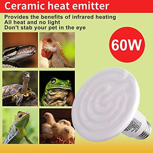 60W 2PCS PTSCBS Reptile Heat Lamp Bulb Ceramic Heat Emitter No Harm No Light Infrared Heater Lamp for Chicken Coop Lizard Aquarium Snake Outside Dogs Brooder 120V,White