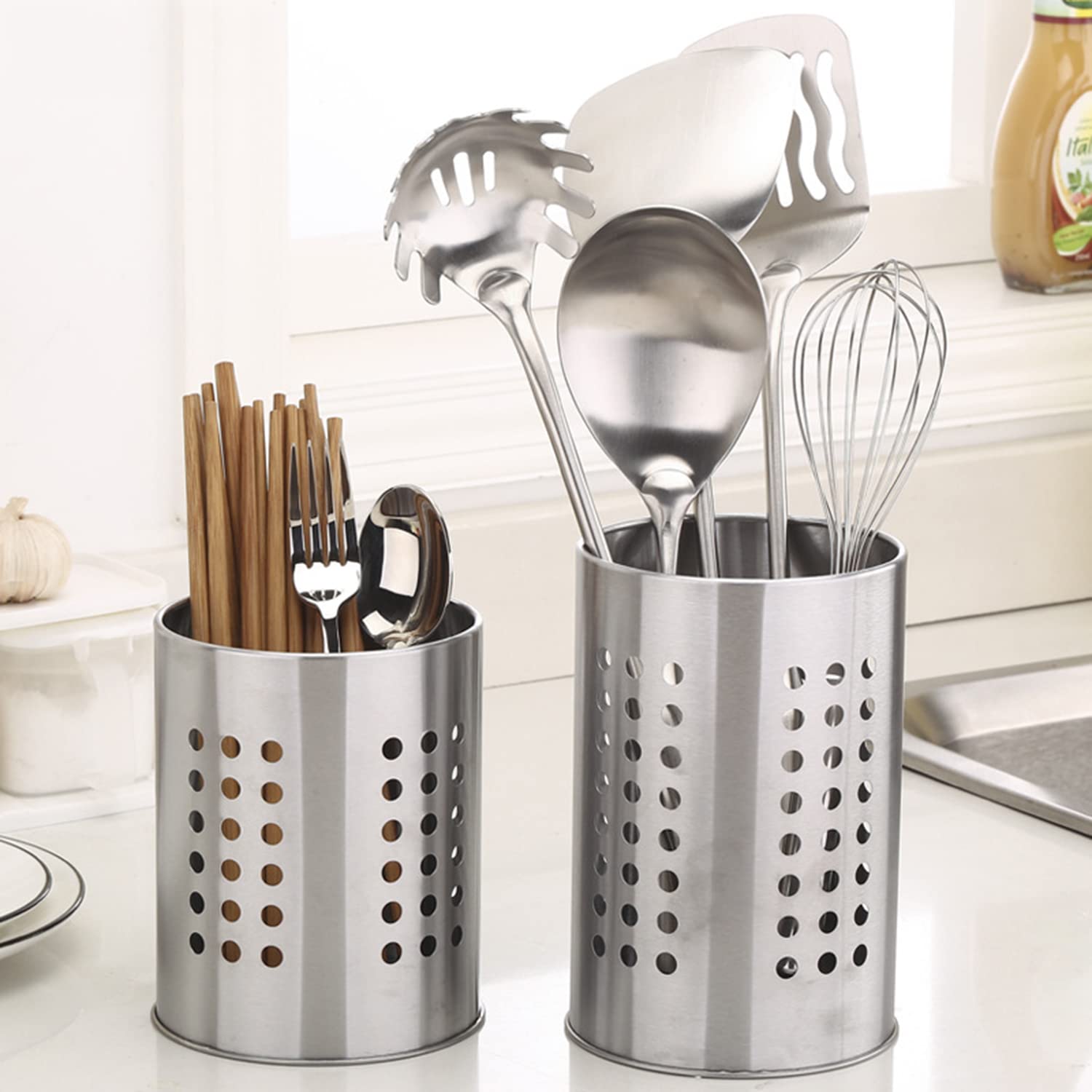 Jninexiu Stainless Steel Kitchen Utensil Holder, Kitchen Utensil Drying Cylinder with Drain Holes,Cookware Cutlery Holder for Kitchen/Home/Office