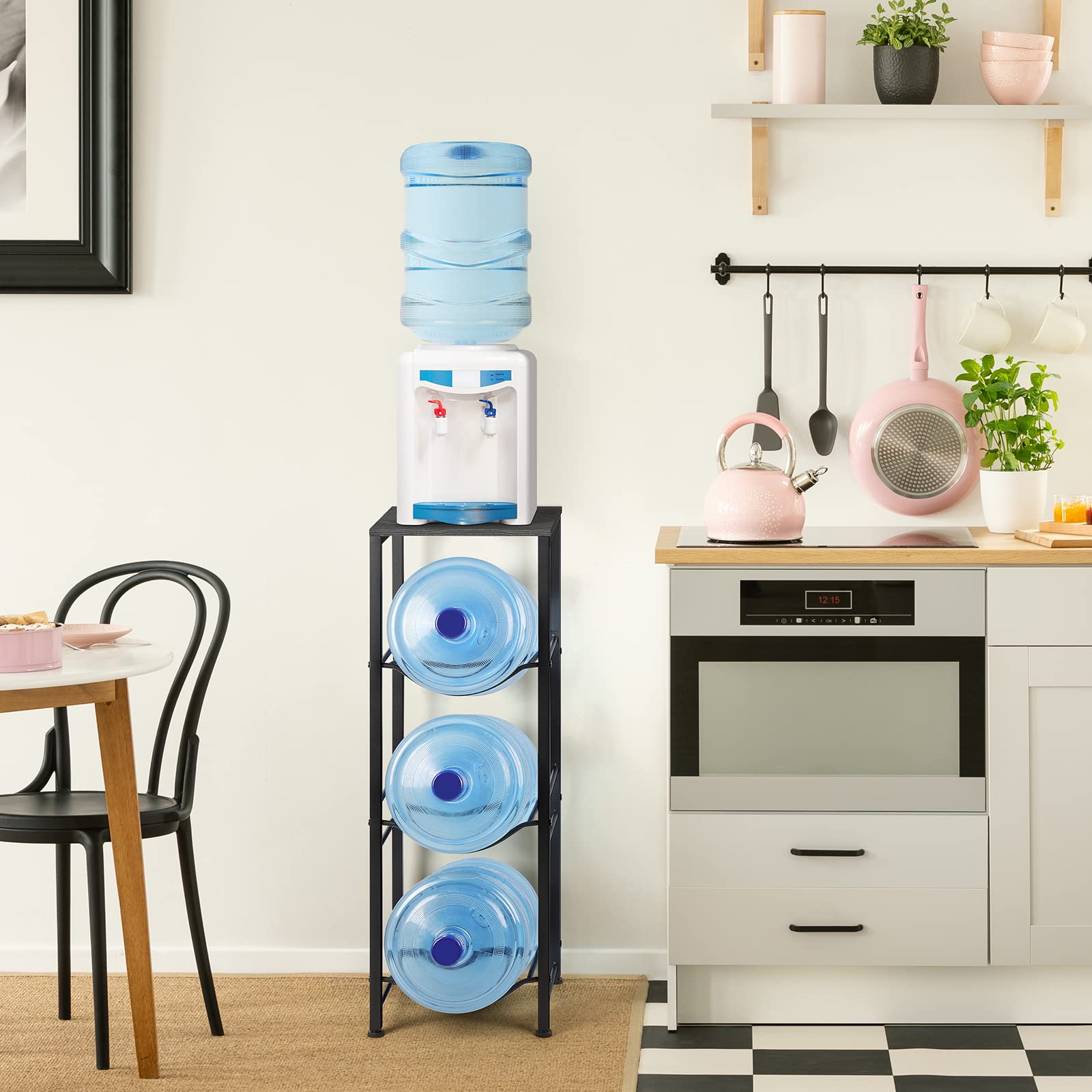 Water Bottle Holder Organizer 5 Gallon Water Jug Holder with Shelves, 3-Tier Water Bottle Dispenser Stand for Kitchen Living Room Office, Black