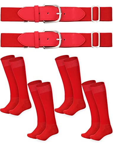 Newcotte 4 Pairs Baseball Sock and 2 Pcs Belt Combo Set Adjustable Softball Sock for Youth Boys Girls Kids Adult, Red (Medium)