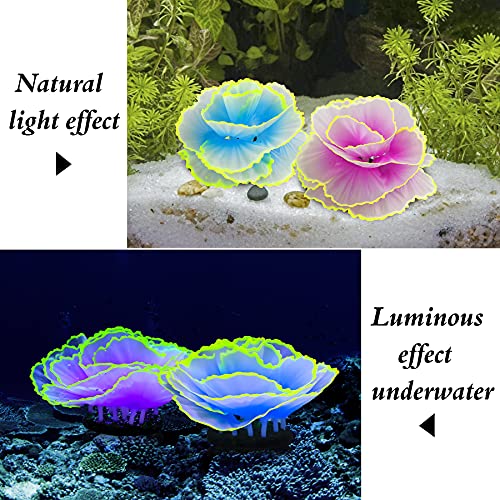 Livfodrm Glowing Fish Tank Decorations Glow Aquarium Decor Coral Ornaments, 2pcs Silicone Flower Plants and 10pcs Colourful Sea Shells/Luminous Stone Glow in The Dark for Aquarium Decoration