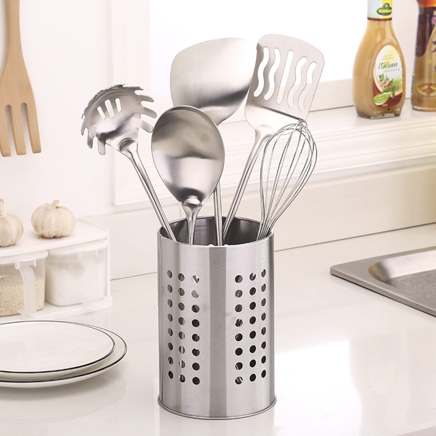 Jninexiu Stainless Steel Kitchen Utensil Holder, Kitchen Utensil Drying Cylinder with Drain Holes,Cookware Cutlery Holder for Kitchen/Home/Office