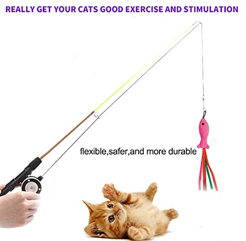 Whefory Retractable Cat Teaser Wand Toy, Cat Toys for Indoor Outdoor Cats Interactive Fishing Rod with 8 Pcs Refills Feather Toy, Plush Mouse Caterpillar & Fish