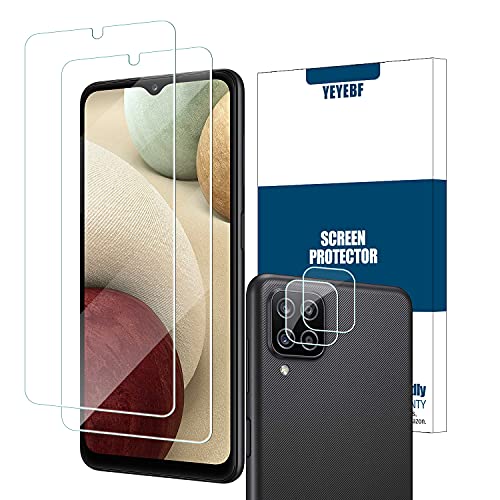 Galaxy A12 Tempered Glass Screen Protector + Camera Lens Protectors by YEYEBF, [2+2 Pack] [3D Glass] [Bubble-Free] [Anti-Glare] for Samsung Galaxy A12