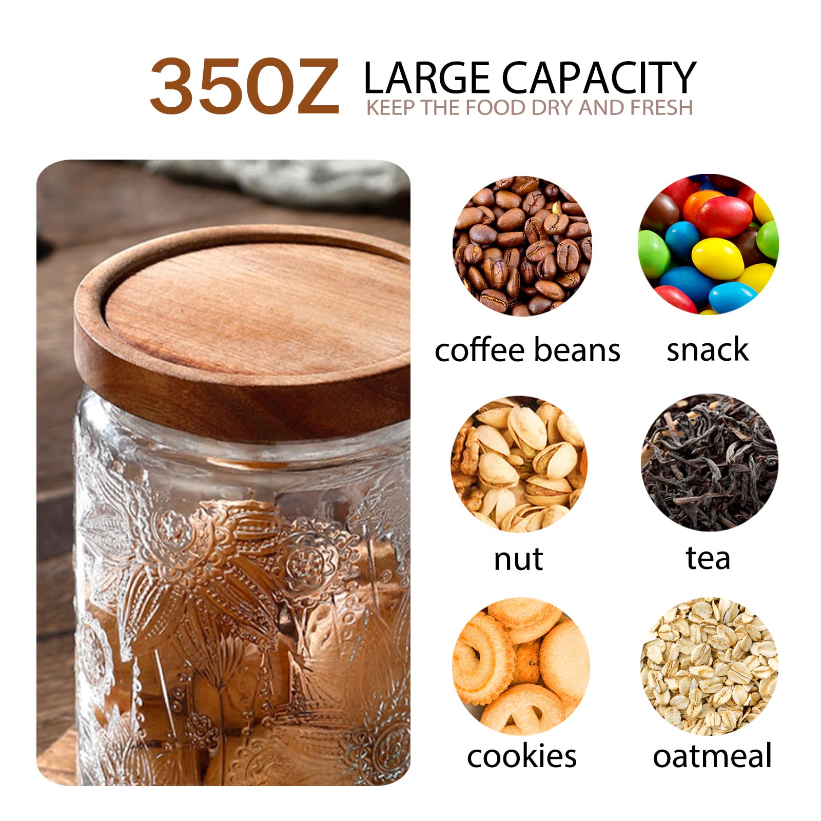 LODIKE 35oz/1000ml Glass Storage Jars with Nature Wood Lids, Airtight Food Storage Containers for Kitchen Organization, Large Capacity for Cookie, Pasta, Sugar, Flour, Cereal - Set of 2 (sunflower)