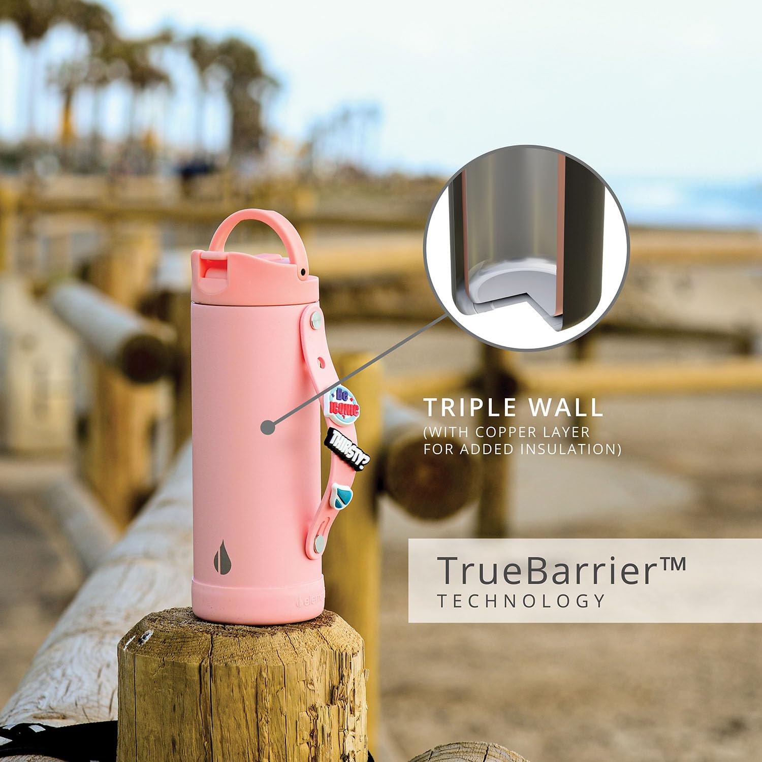 Elemental Iconic Kids Water Bottle with Straw Lid & Charms Strap, Leak-Proof When Closed, Triple Insulated Stainless Steel Reusable Thermos Water Bottle - 14oz, Rose
