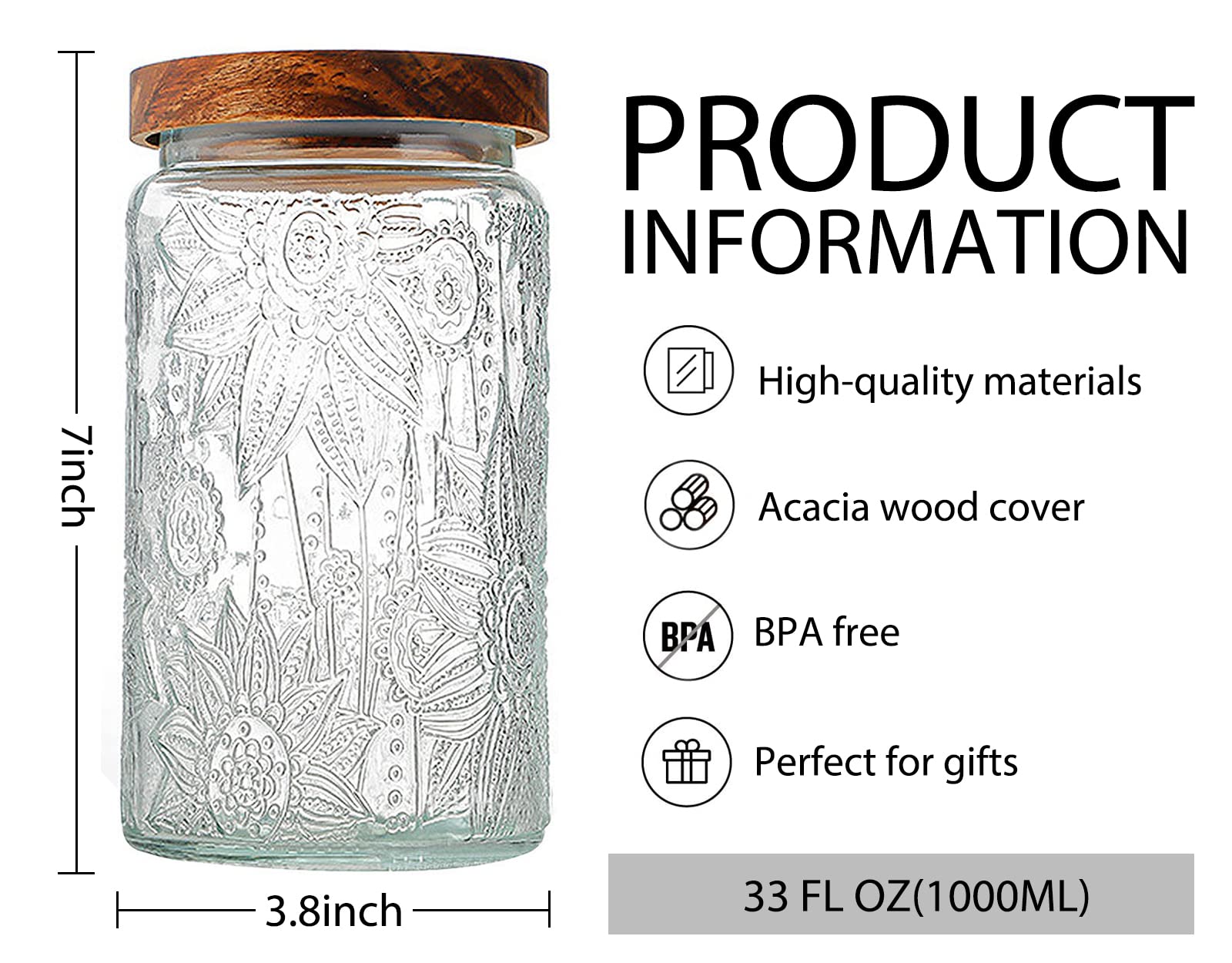 LODIKE 35oz/1000ml Glass Storage Jars with Nature Wood Lids, Airtight Food Storage Containers for Kitchen Organization, Large Capacity for Cookie, Pasta, Sugar, Flour, Cereal - Set of 2 (sunflower)