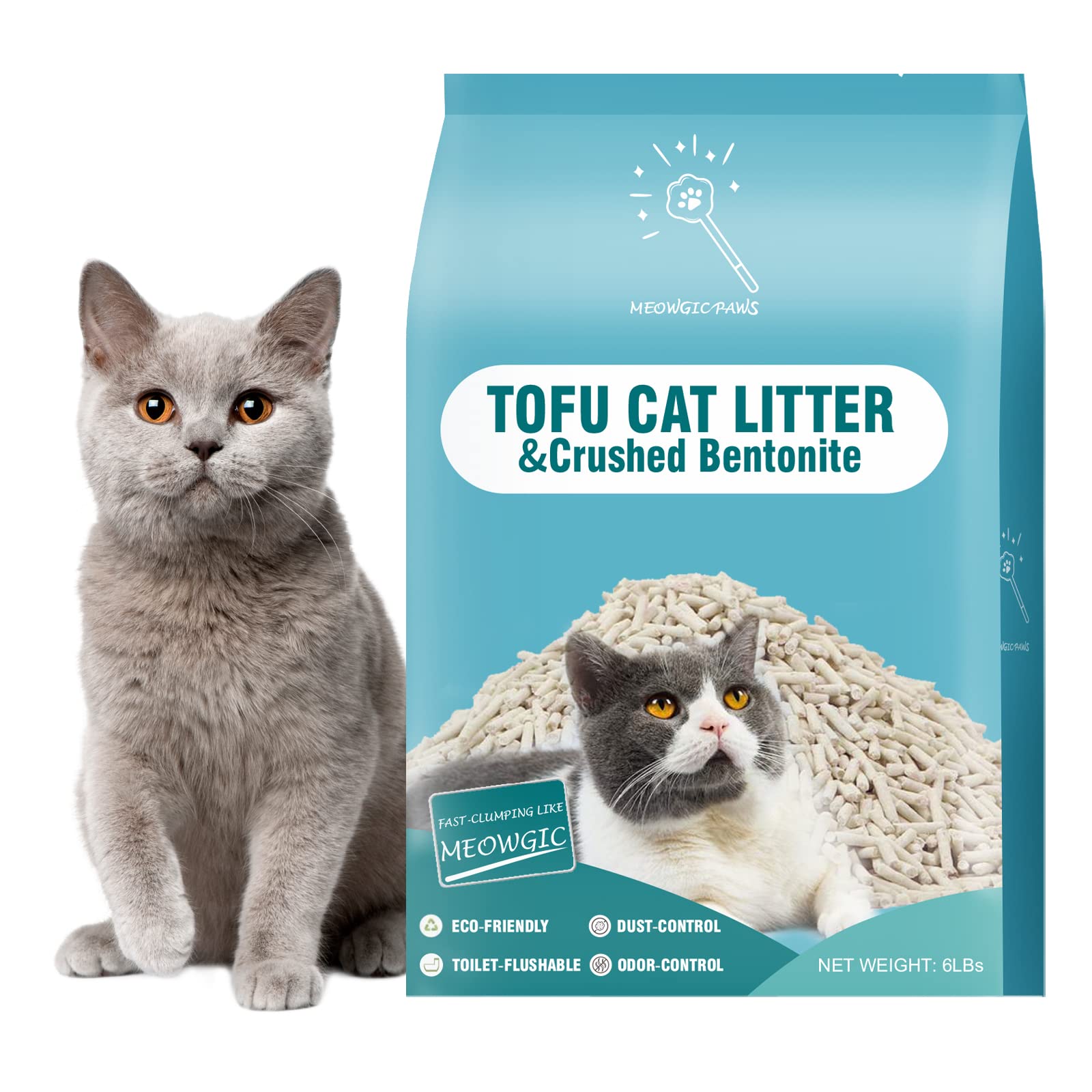 Meowgic Paws Plant-Based Cat Litter, Odor Control Quick Clumping Tofu Cat Litter, 6 lbs, Low Tracking Dust Control Lightweight Flushable Unscented Natural Kitty Litter