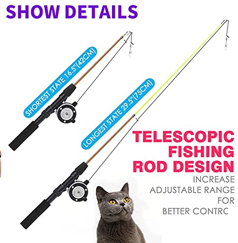 Whefory Retractable Cat Teaser Wand Toy, Cat Toys for Indoor Outdoor Cats Interactive Fishing Rod with 8 Pcs Refills Feather Toy, Plush Mouse Caterpillar & Fish