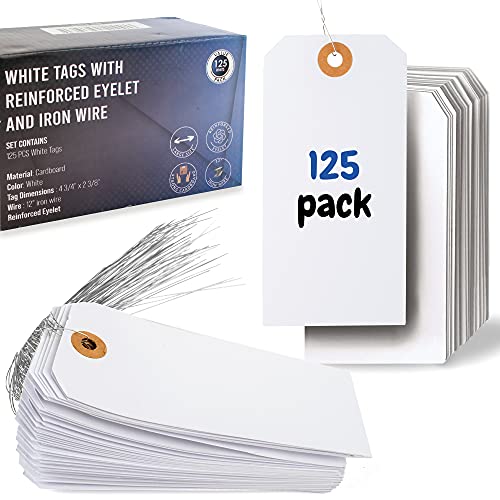 Hang Tags with Reinforced Eyelet and Wire - 125 Blank Labels with Hole,4 3/4" x 2 3/8", Pre-Attached Wired Cardboard for Labeling Price Sale Shipping Product Inventory Luggage Garage Hanging Items